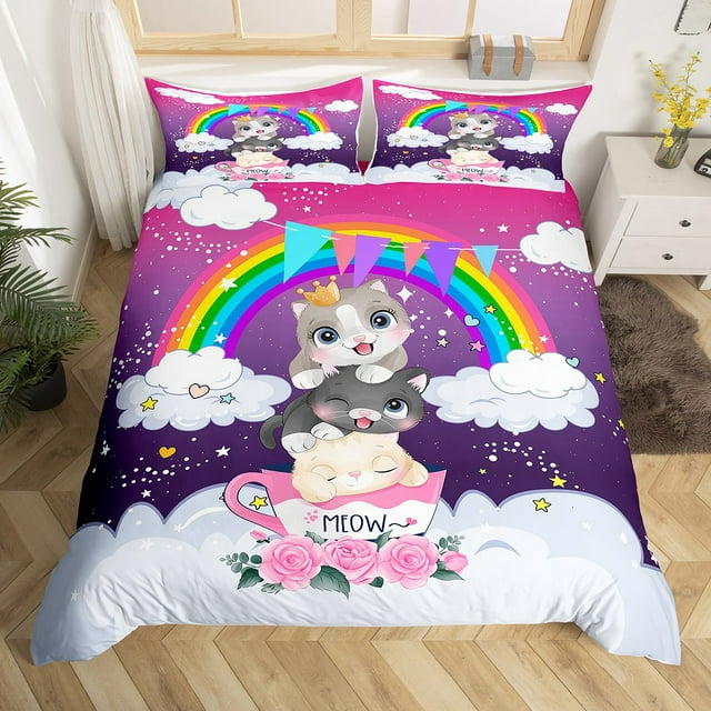YST Girls Duvet Cover Queen,Cat Bedding Set for Kids Girls,Out Space ...