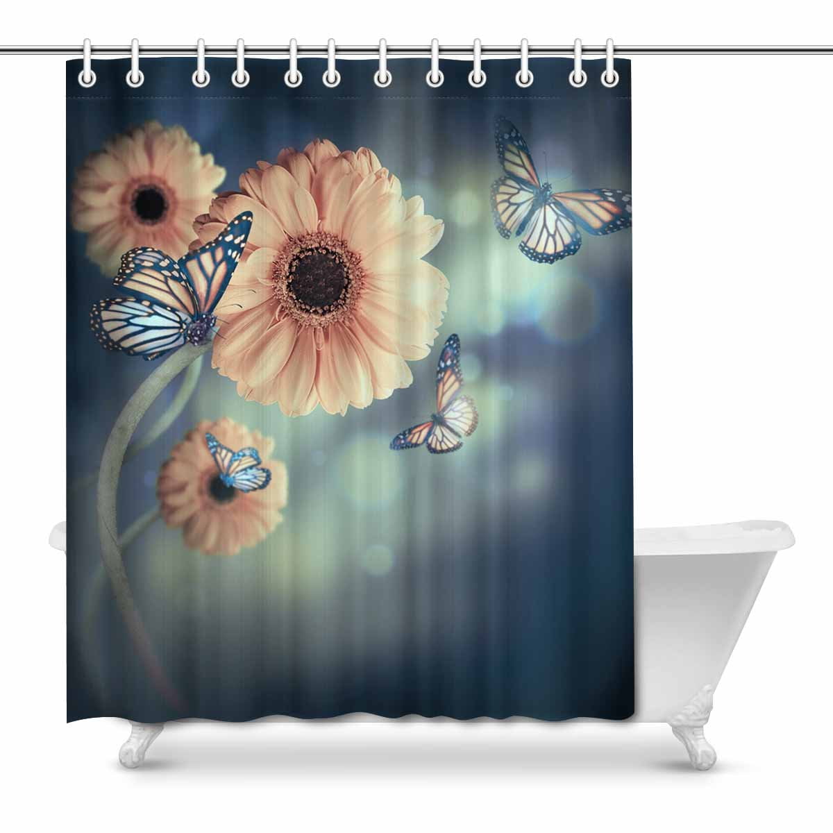 Mkhert Floral Yellow Daisy And Butterfly House Decor Shower Curtain For
