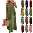 Aellinatey Women's Linen Dresses, V-Neck, Sleeveless, Bohemian Tiered ...