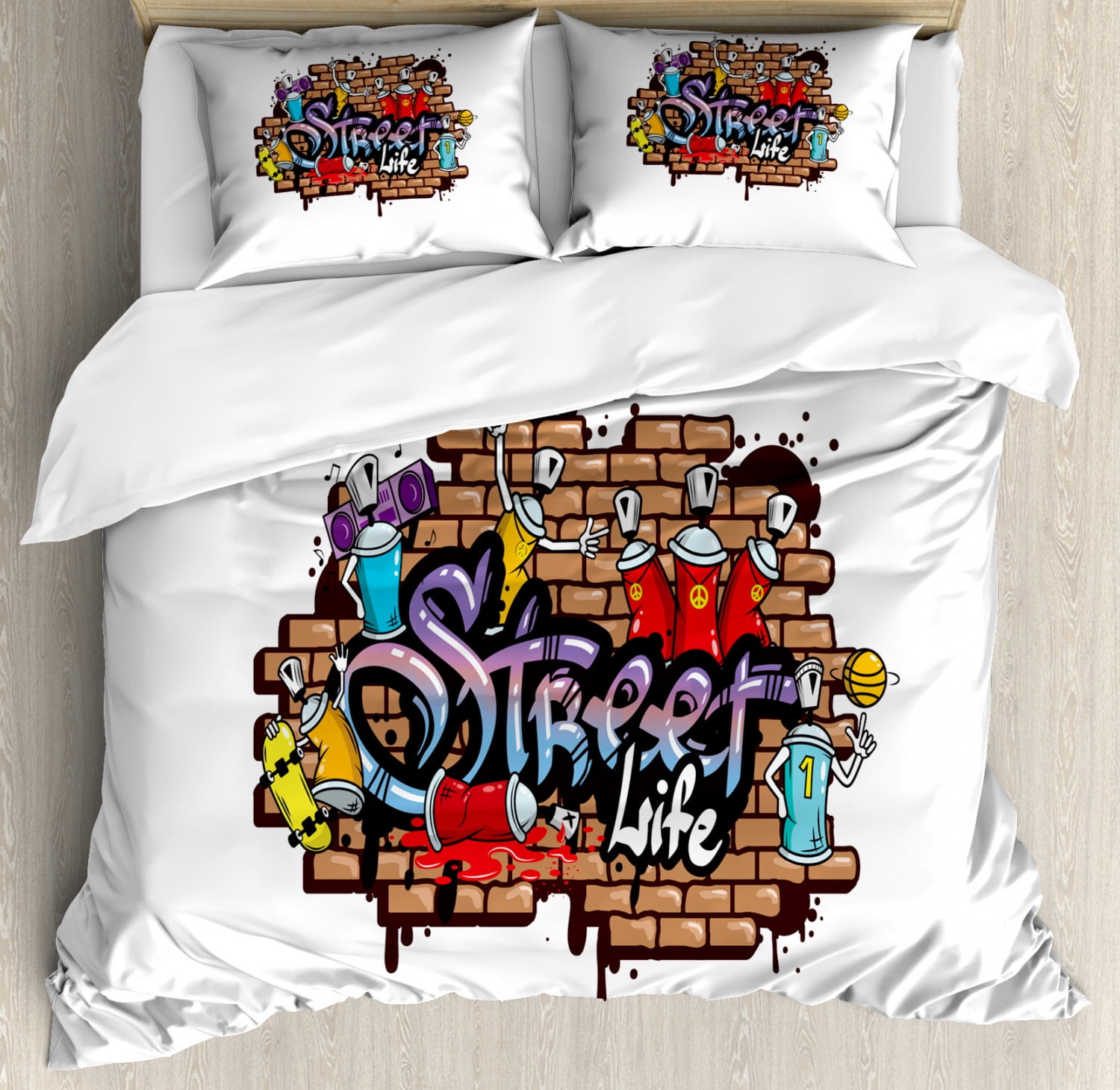 Youth Queen Size Duvet Cover Set, Urban World Street Life Graffiti Art ...