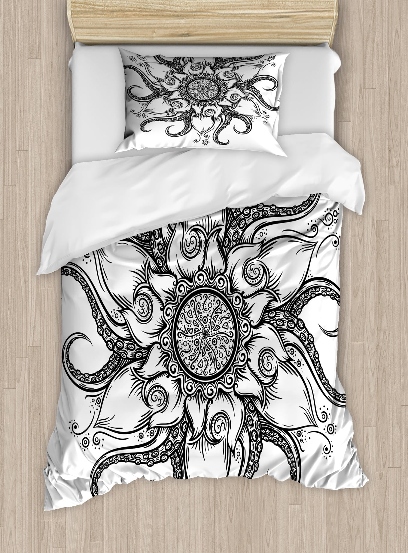 Octopus Twin Size Duvet Cover Set, Sea Mandala Floral Stylized Ocean ...