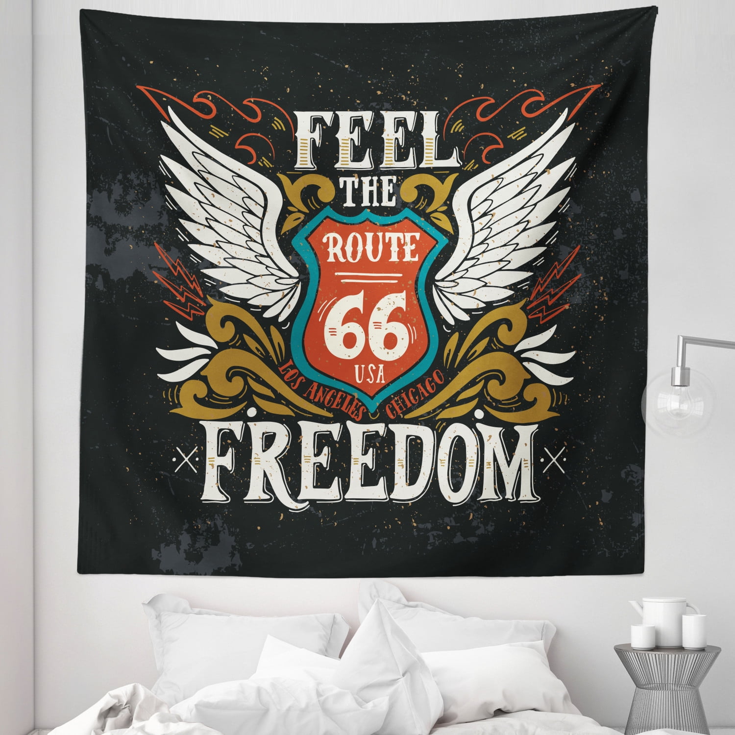 Motorcycle Tapestry, Biker Motto Feel the Freedom Grunge Hand Drawn ...