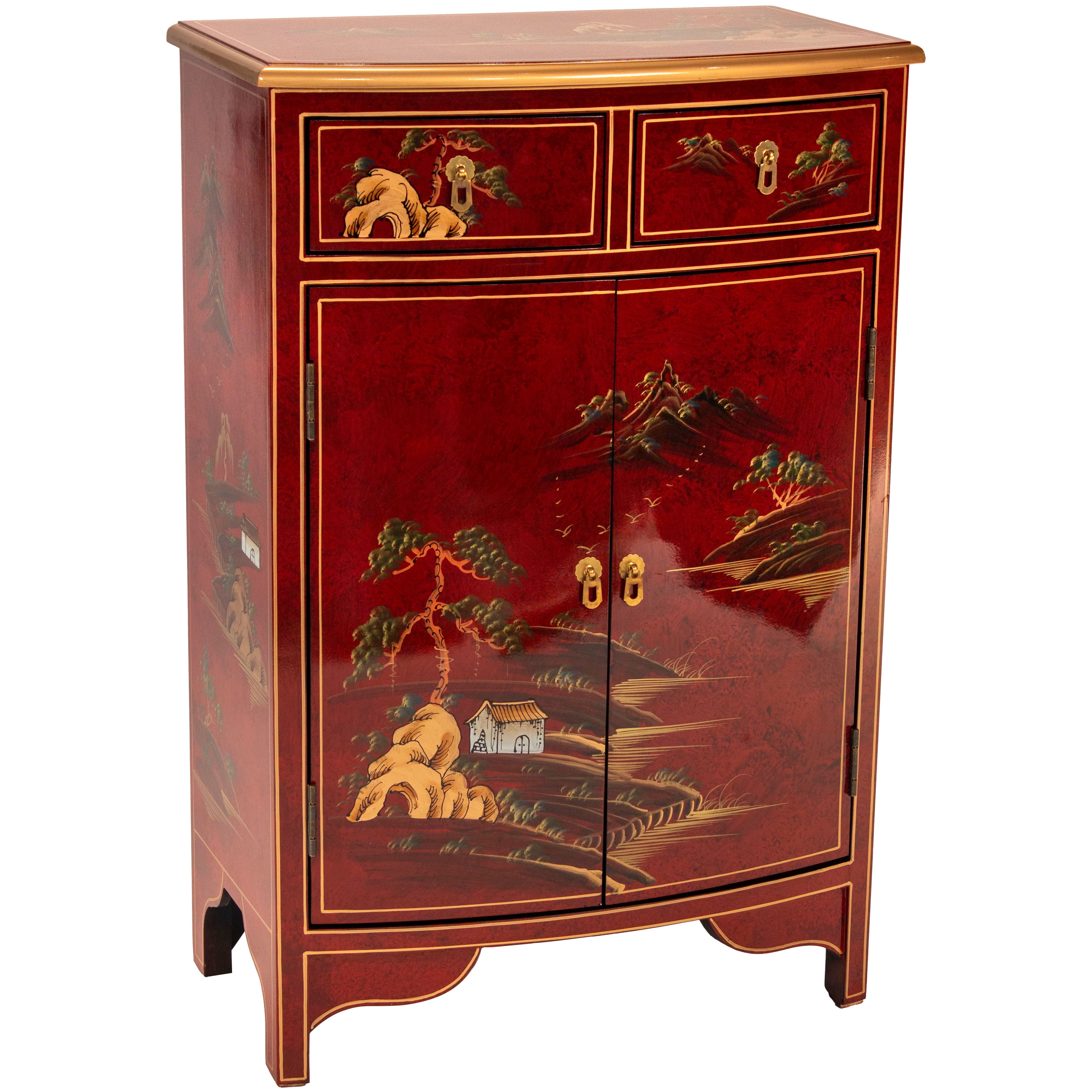 Oriental Furniture Red Lacquer Half-Round Cabinet - Landscape - Walmart.com