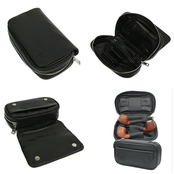 Black Leather Smoking Zipper 3 Pipes + Cigarette Tobacco Pouch Storage ...