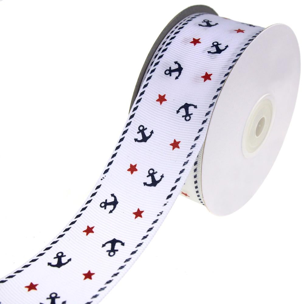 Nautical Anchor and Star Grosgrain Ribbon, White, 1-1/2-Inch, 25-Yard ...