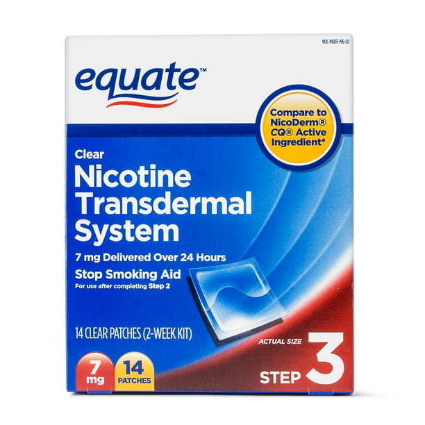 Equate Nicotine Transdermal System Step 3 Clear Patches, 7 mg, 14 Count ...