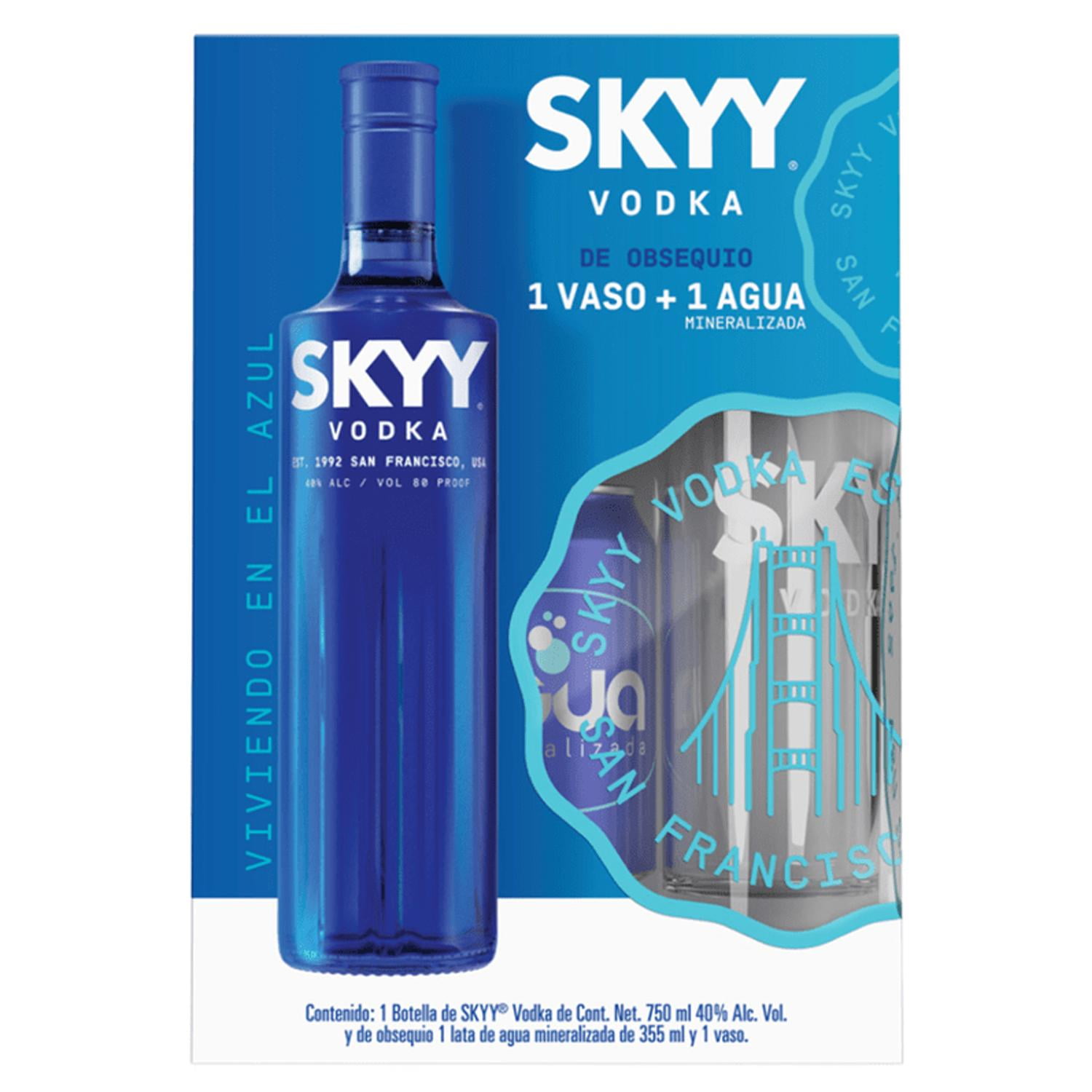 Vodka Skyy 750 ml + Vaso + Agua Mineral | Walmart en línea