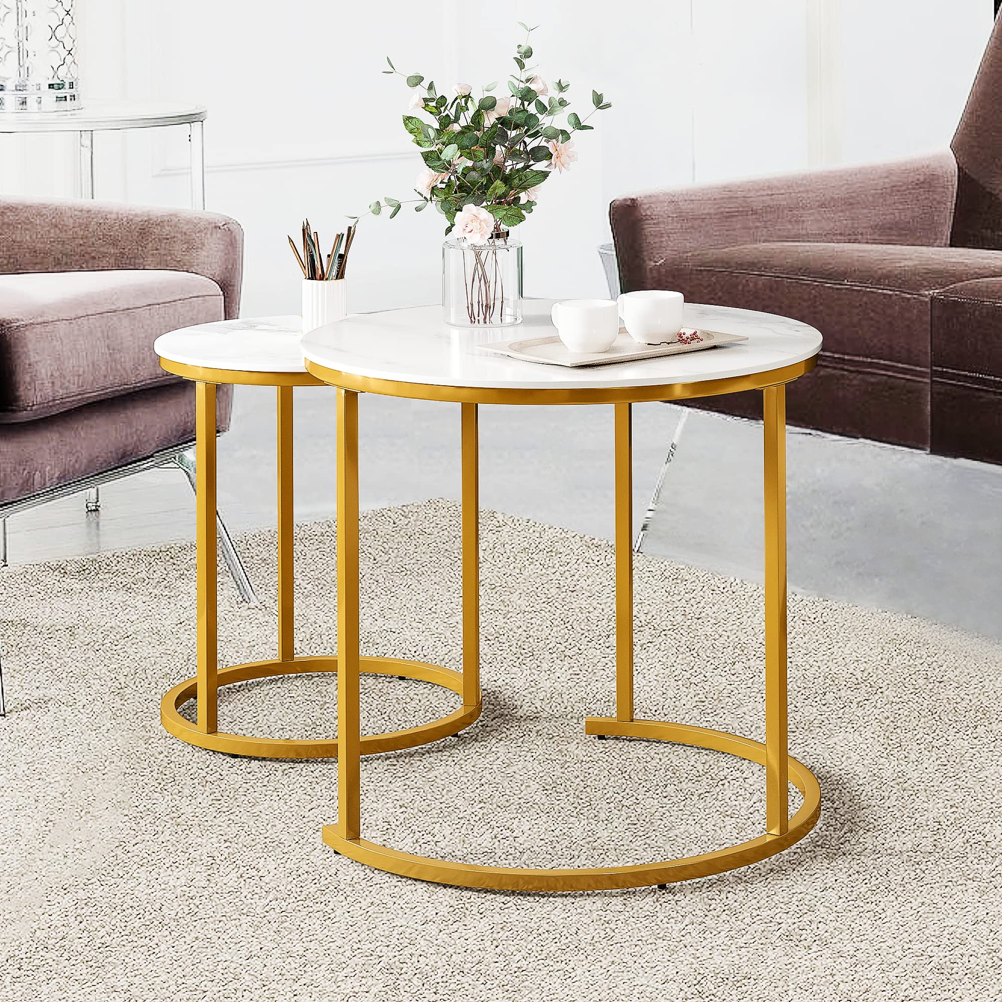 Leeten Gold Coffee Table Set of 2, 2pcs Round Nesting Sofa End Table ...