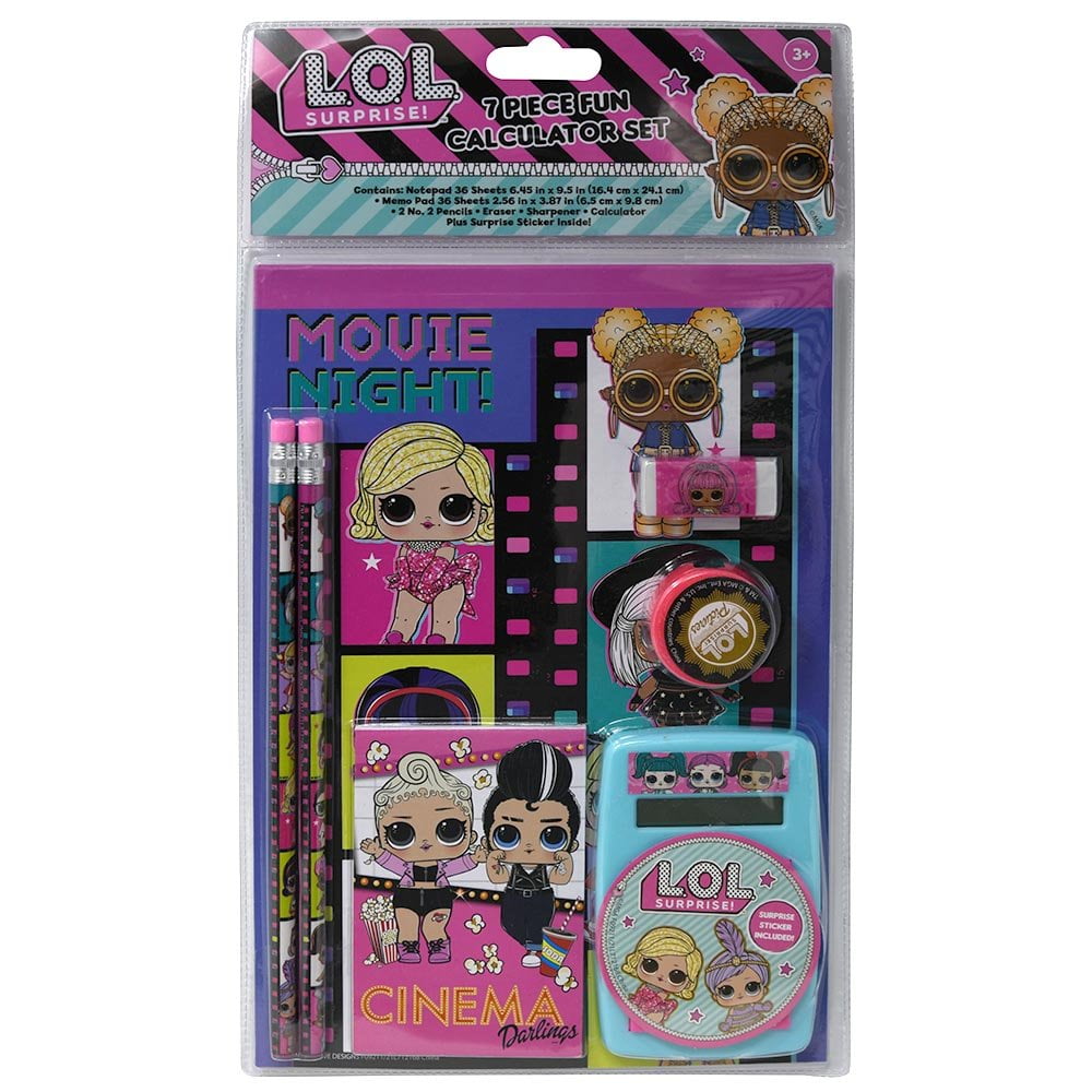 LOL 7pc Calculator Set in Bag w/header- PENCIL, NOTEPAD, ERASER ...