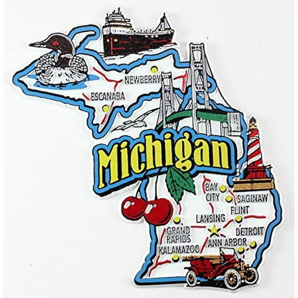 Michigan State Map and Landmarks Collage Fridge Collectible Souvenir ...