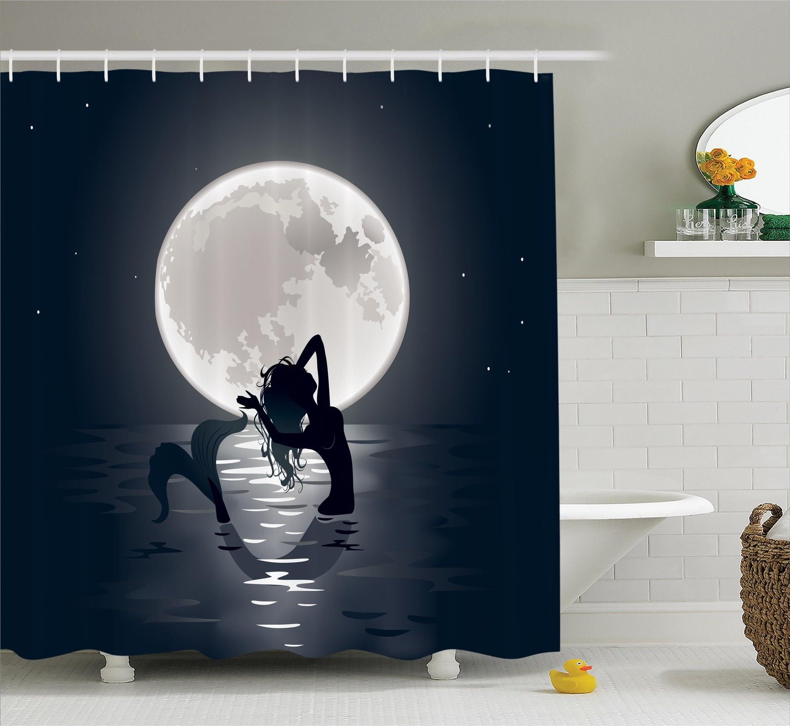 Mermaid Decor Shower Curtain Set Mermaid Singing At Night Silhouette