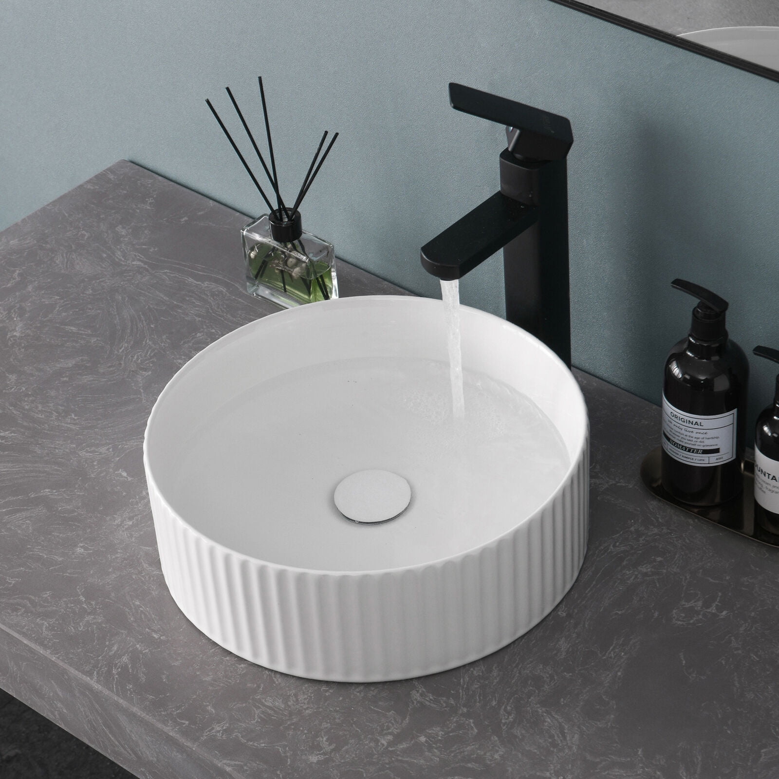 14" Round Bathroom Vessel Sink Ceramic Countertop Sink with Beautiful ...