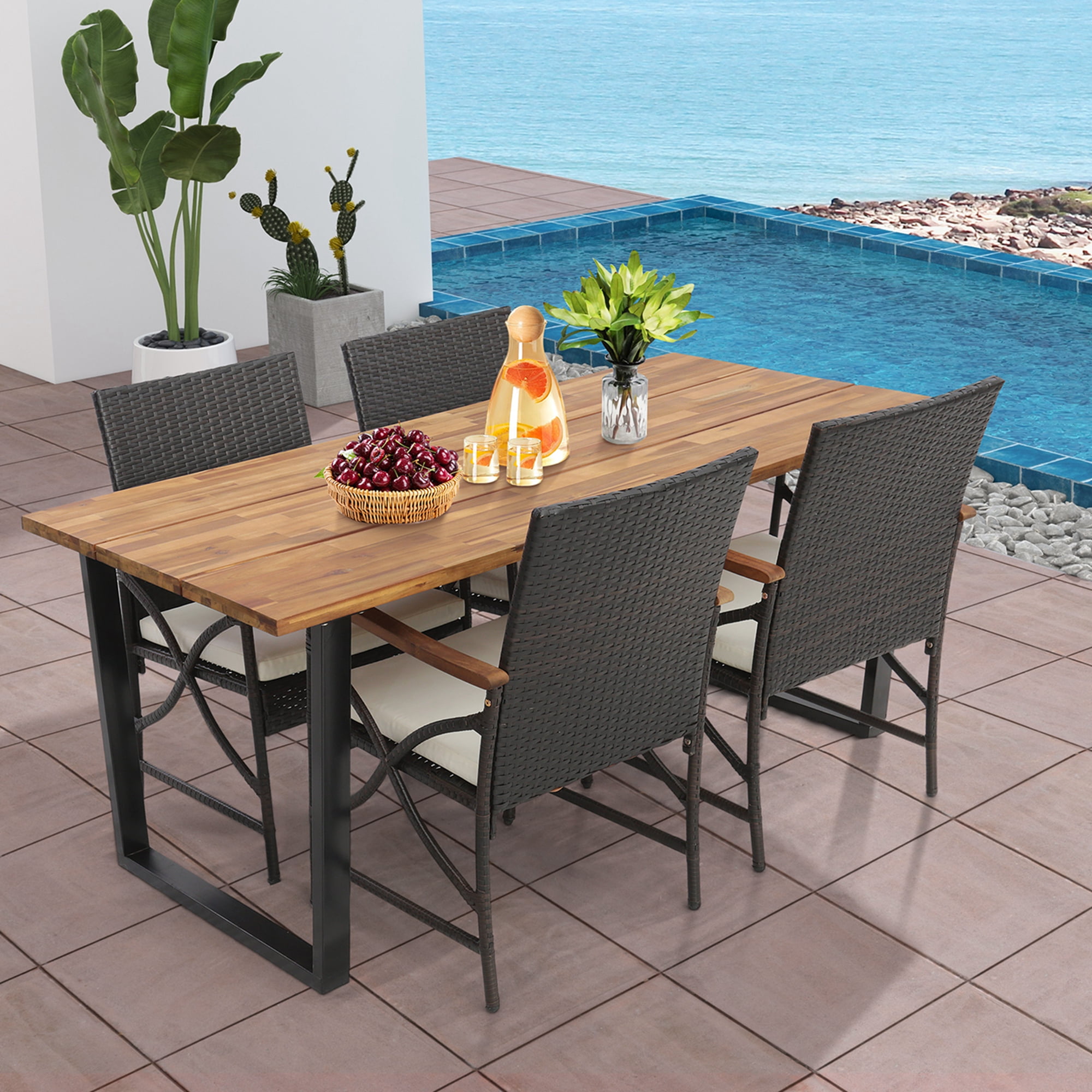 Click here for Costway 5 Pcs Patio Rattan Dining Set Acacia Wood... prices