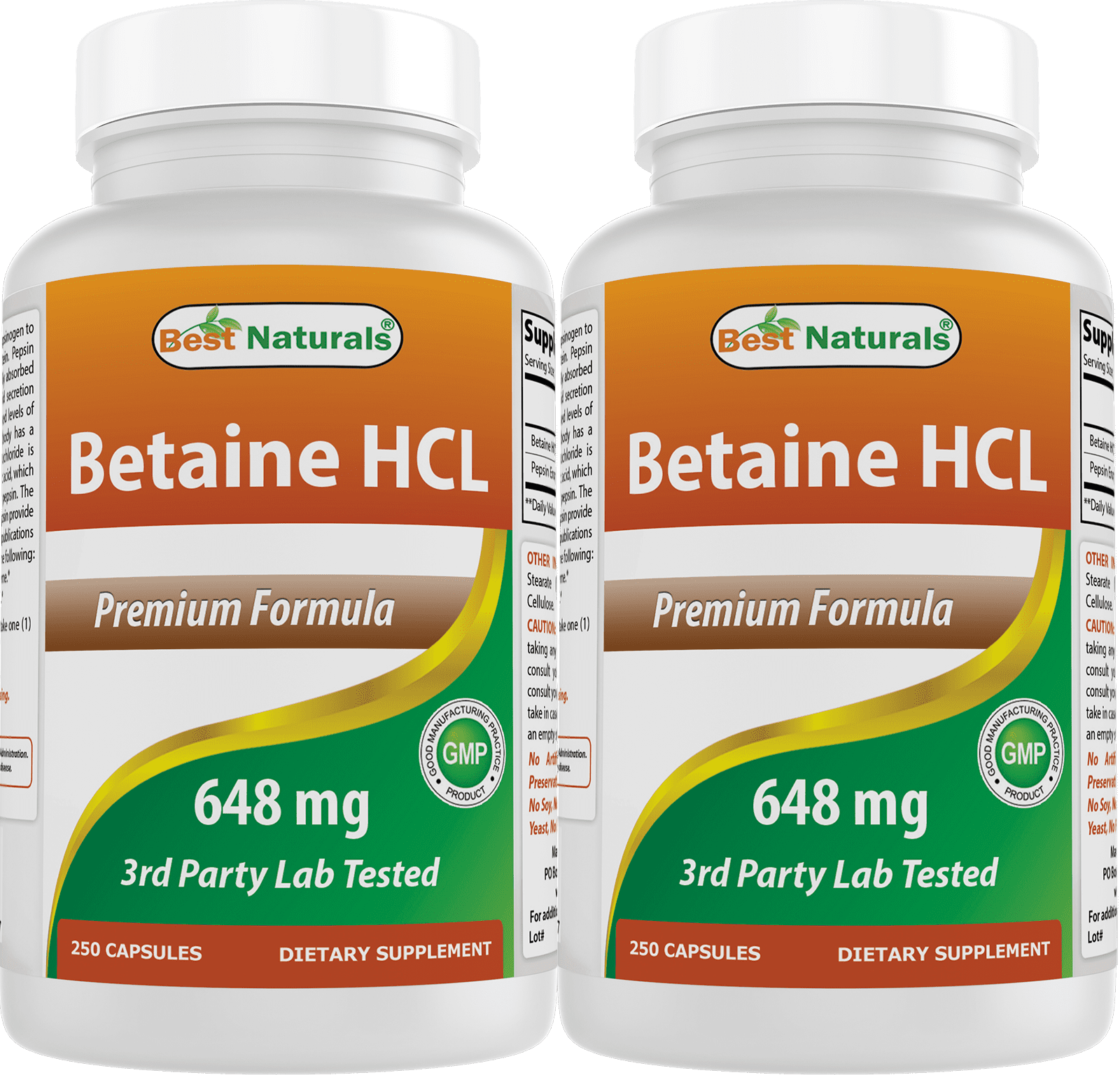 2 Pack Best Naturals Betaine HCL 648 mg 250 Capsules - Walmart.com