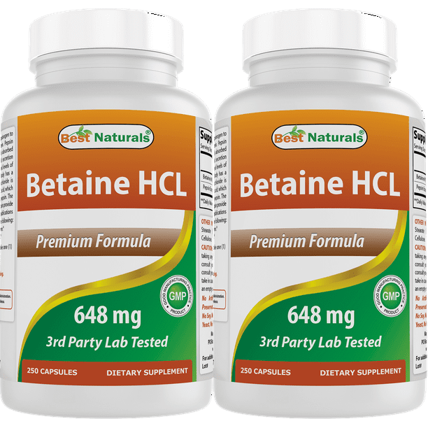 2 Pack Best Naturals Betaine HCL 648 mg 250 Capsules - Walmart.com