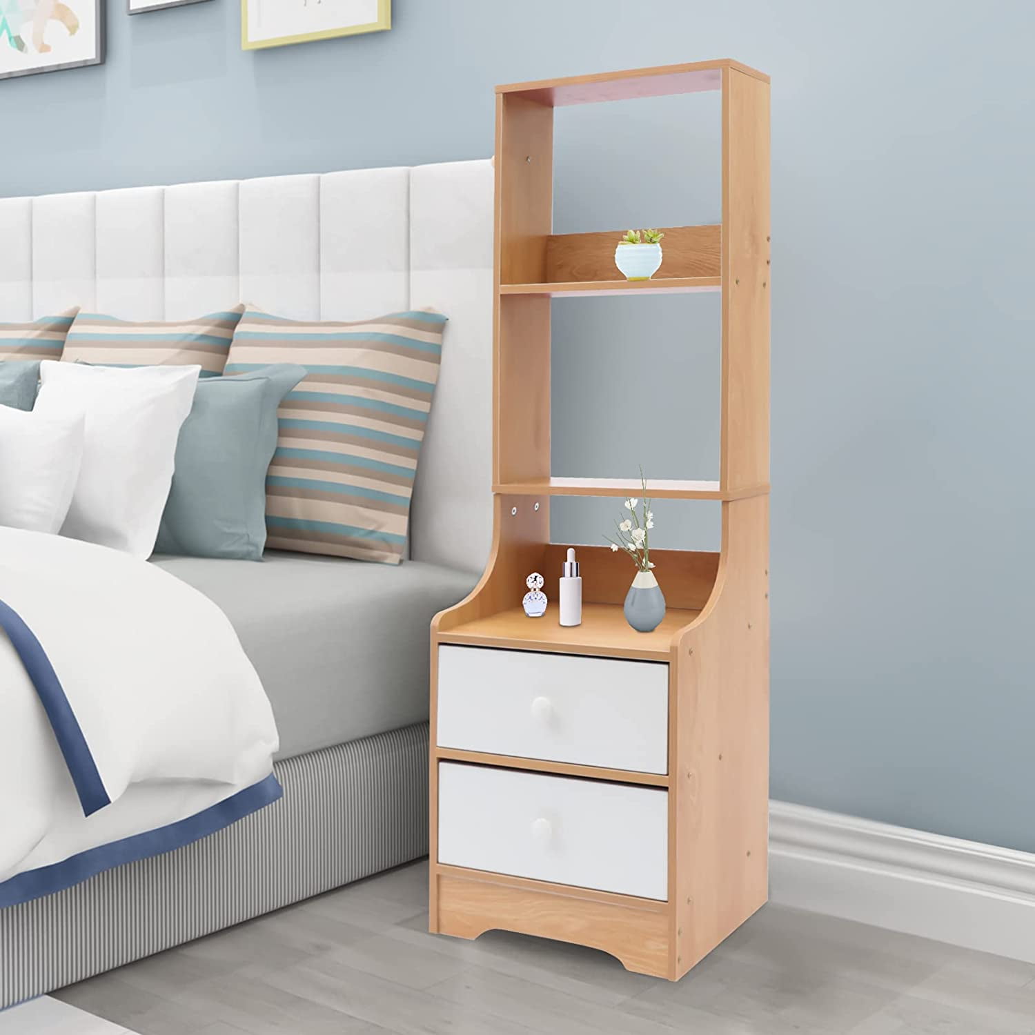Miumaeov Modern Nightstand with Drawers & Shelves, Tall Bed End Table ...