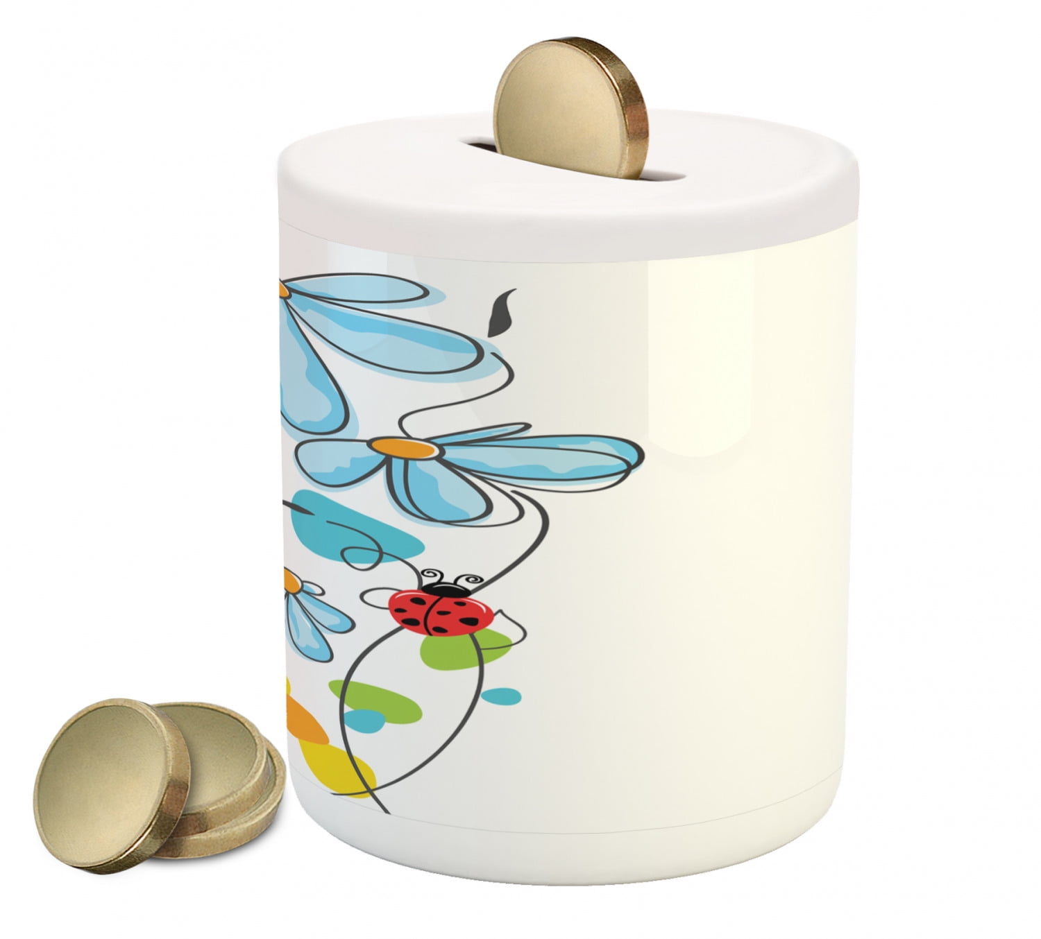 Ladybugs Piggy Bank, Flowers Oval Dome-Shaped Ladybugs Illustration ...