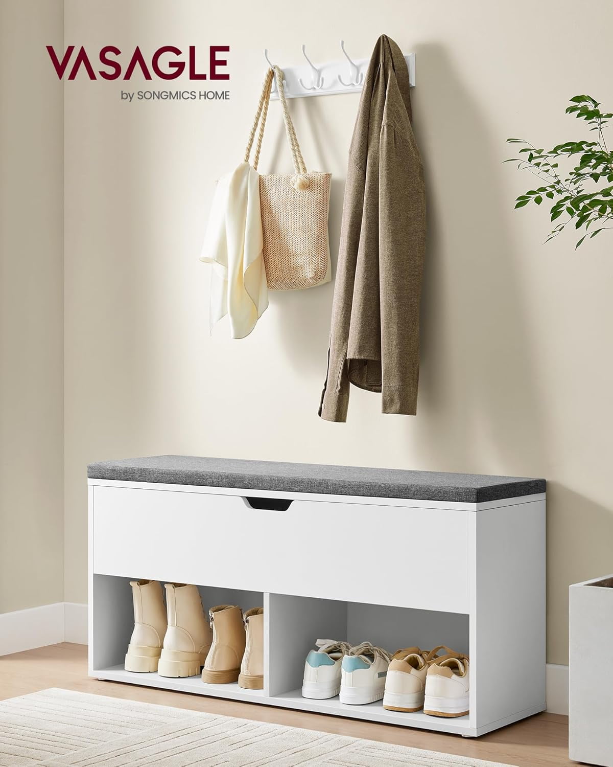 VASAGLE Shoe Bench, Storage Bench with Compartments, Shoe Shelf Padded ...