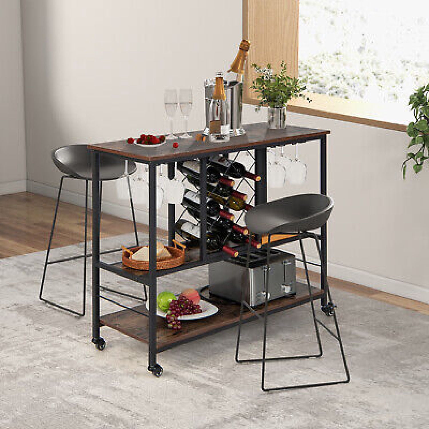 Industrial Liquor Bar Serving Cart Home Bar Cart w/Wine Rack & Wine ...