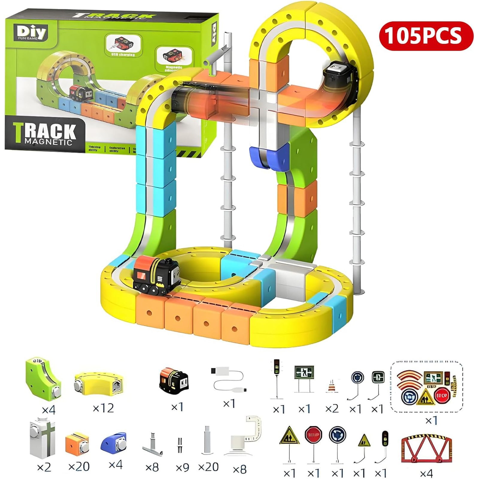 Tuplbcv Train  Electric Train Set Electric Train  Flexible Race Track  105 Pieces  Train Rail Cube  Magnetic Blocks & Motorised Set For Kids 7.09 X 7