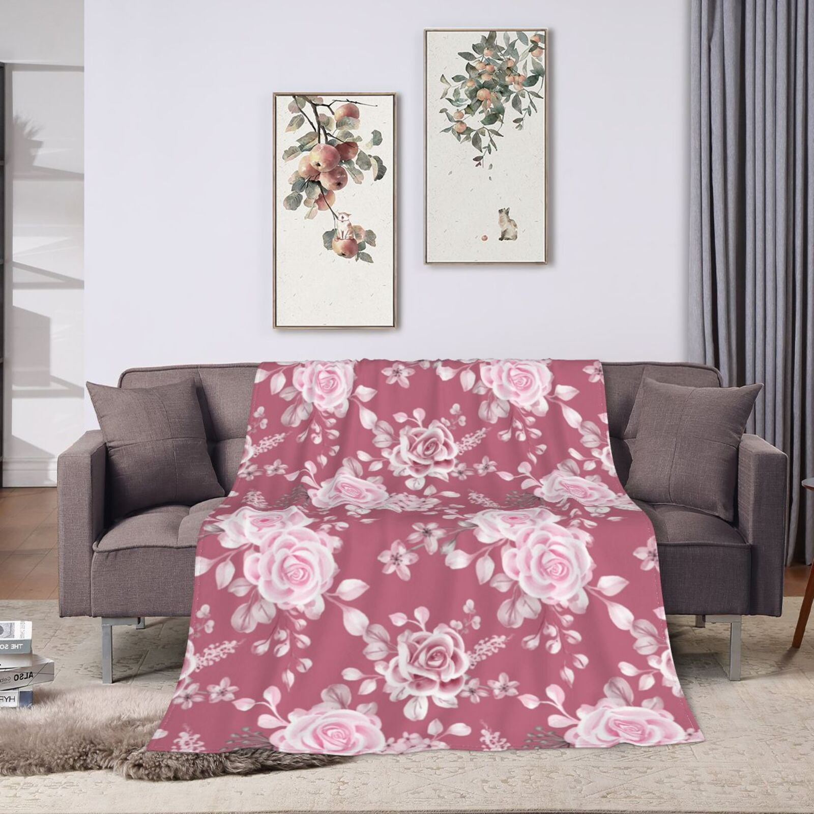 ZNDUO Cartoon Pink Roses Pattern Throw Blanket, Lightweight Cozy Soft ...