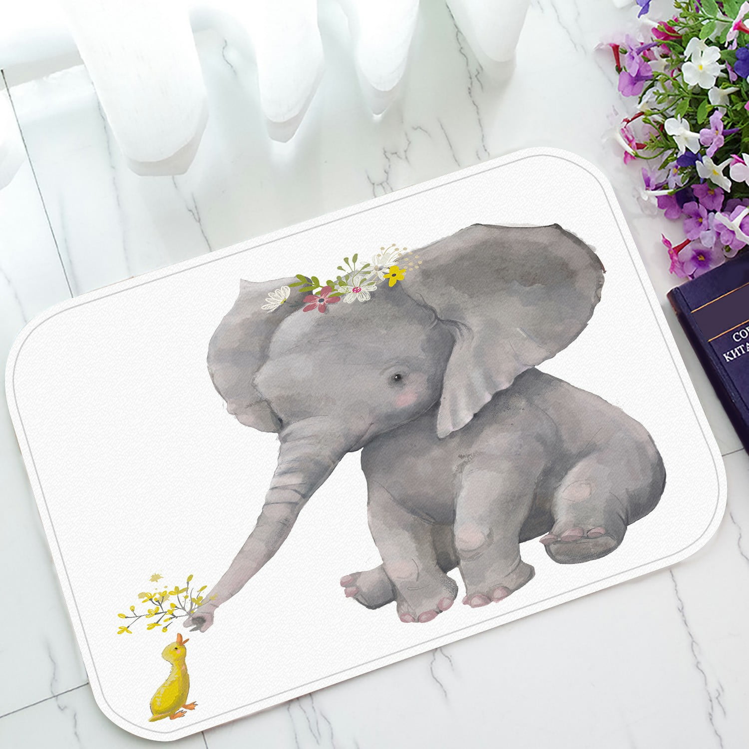 ABPHQTO Cute Elephant With Floral Wreath And Little Duck Doormat ...