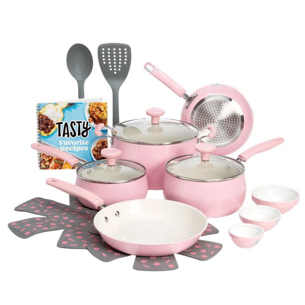 Tasty Clean Ceramic 16 Piece Non-Stick Aluminum Cookware Set, Pink - Walmart.com