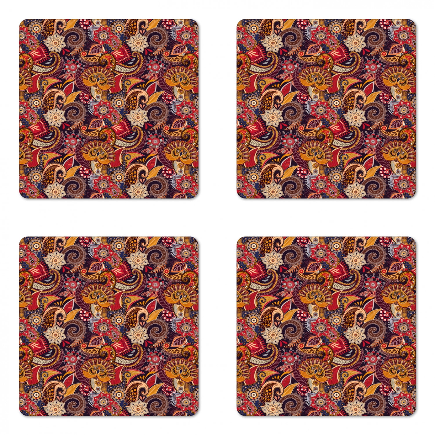 Asian Coaster Set of 4, Ethnic Floral Theme Oriental Paisley Patterns ...
