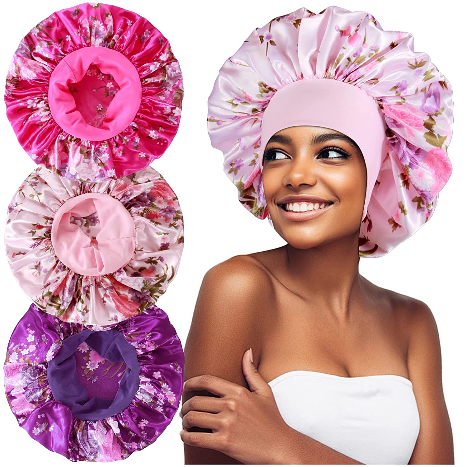 EUDHYAC 3PCS Extra Large Satin Bonnets for Sleeping, Hair Bonnets for ...