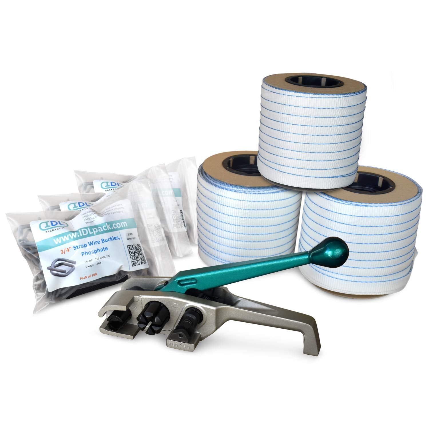 IDL Packaging 3/4" x 750' PRO Woven Cord Strapping Kit, 2400 lbs. Break Strength - Include ...