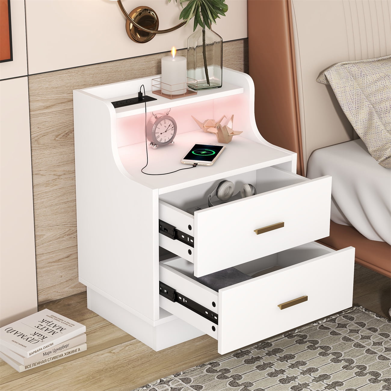 Nightstand with 2 Drawers, Multifunctional Bedside Table with Color-Changing LED and Shelf with ...