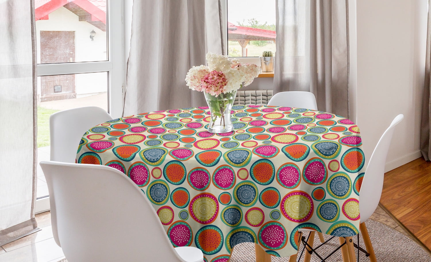 Colorful Round Tablecloth, Doodle Style Lively Colored Round Shapes ...