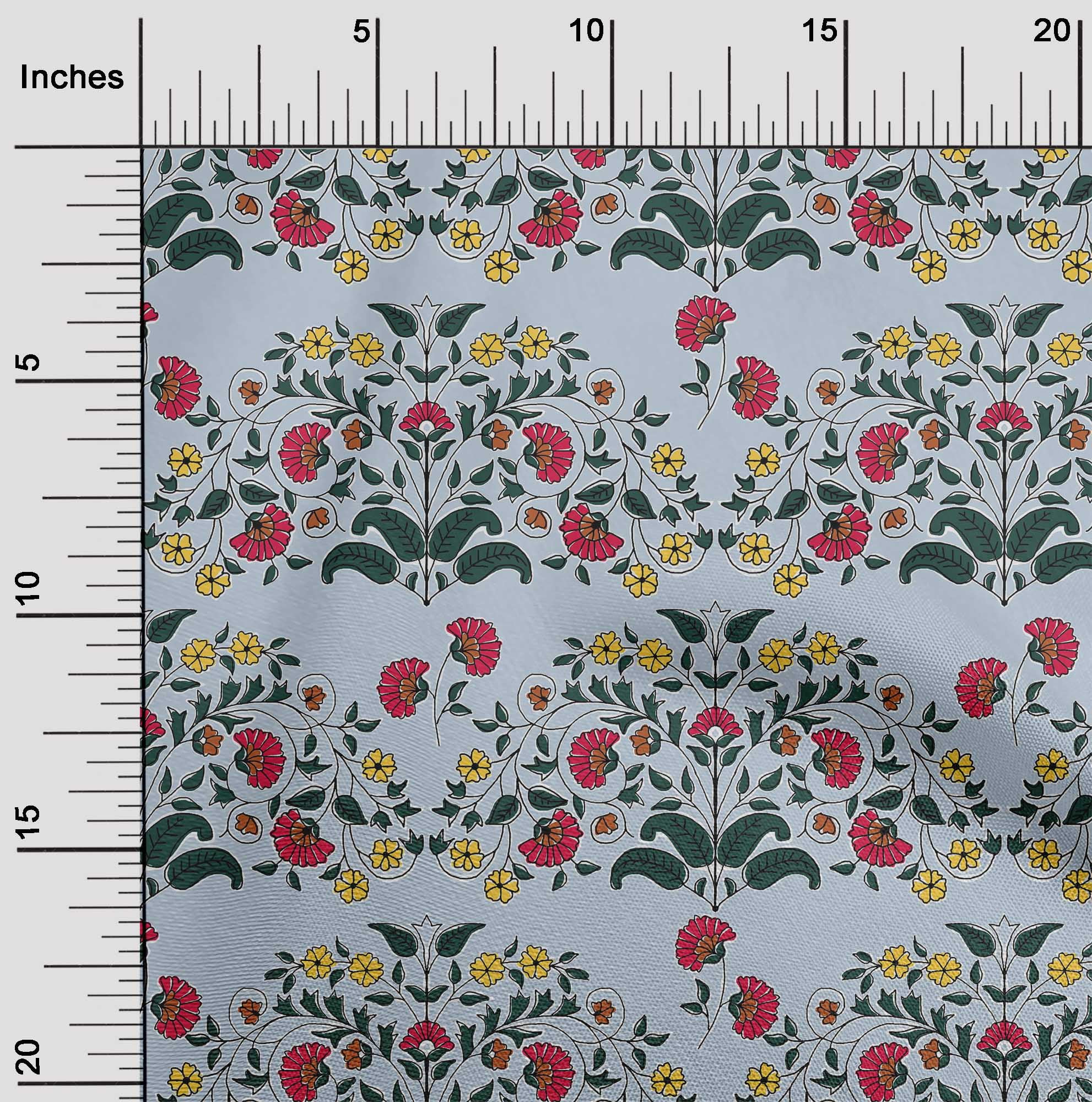 oneOone Silk Tabby Fabric Leaves & Floral Block Printed Fabric 1 Yard ...