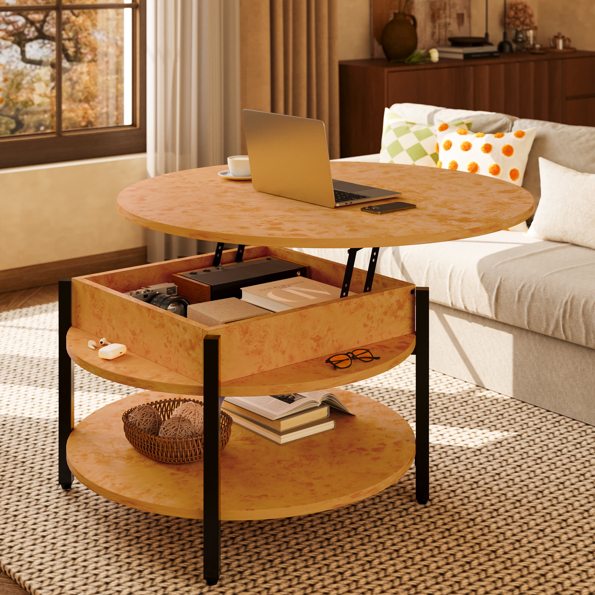 GUNAITO Table Basse Ron avec Plateau Relevable et Rangement Intégré ...