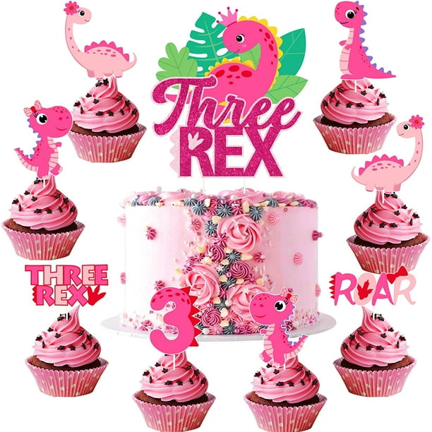 Three Rex Cake Toppers Girls, Dinosaur Cake Cupcake Toppers for 3 Year ...
