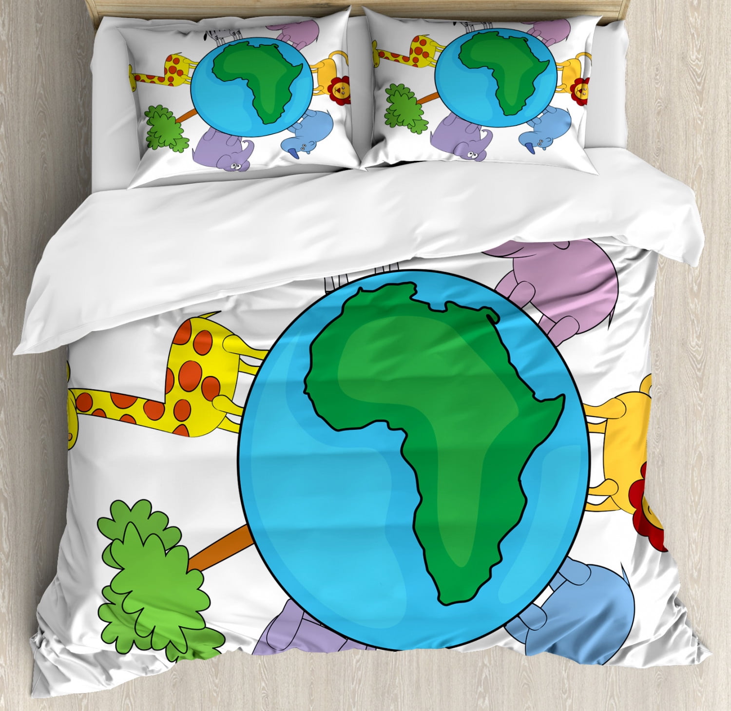Zoo Duvet Cover Set King Size, World Icon Africa Continent Cute Cartoon ...