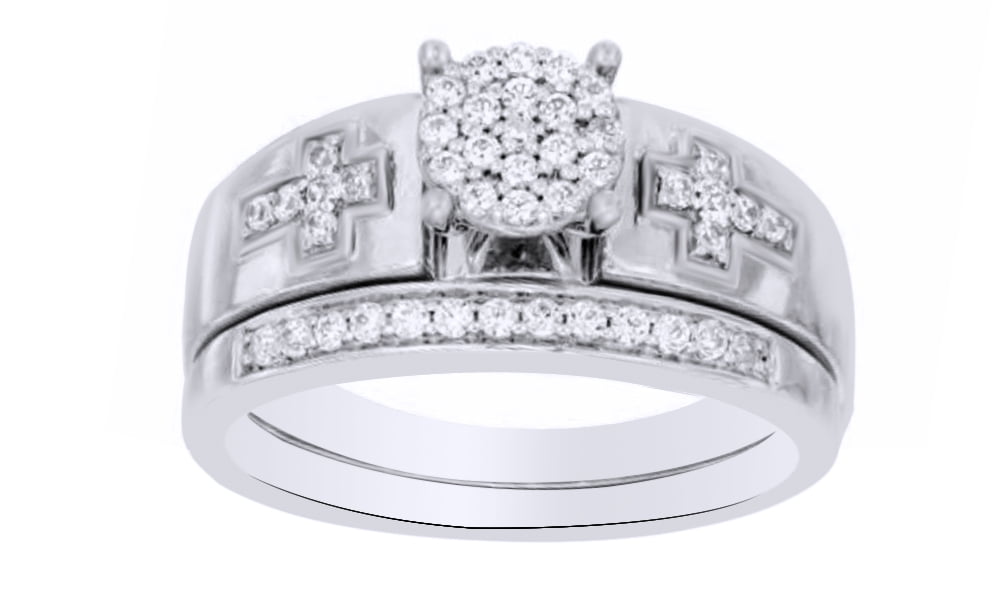 White Natural Diamond Cross Bridal Ring Set In Solid Gold (0.25 Cttw ...