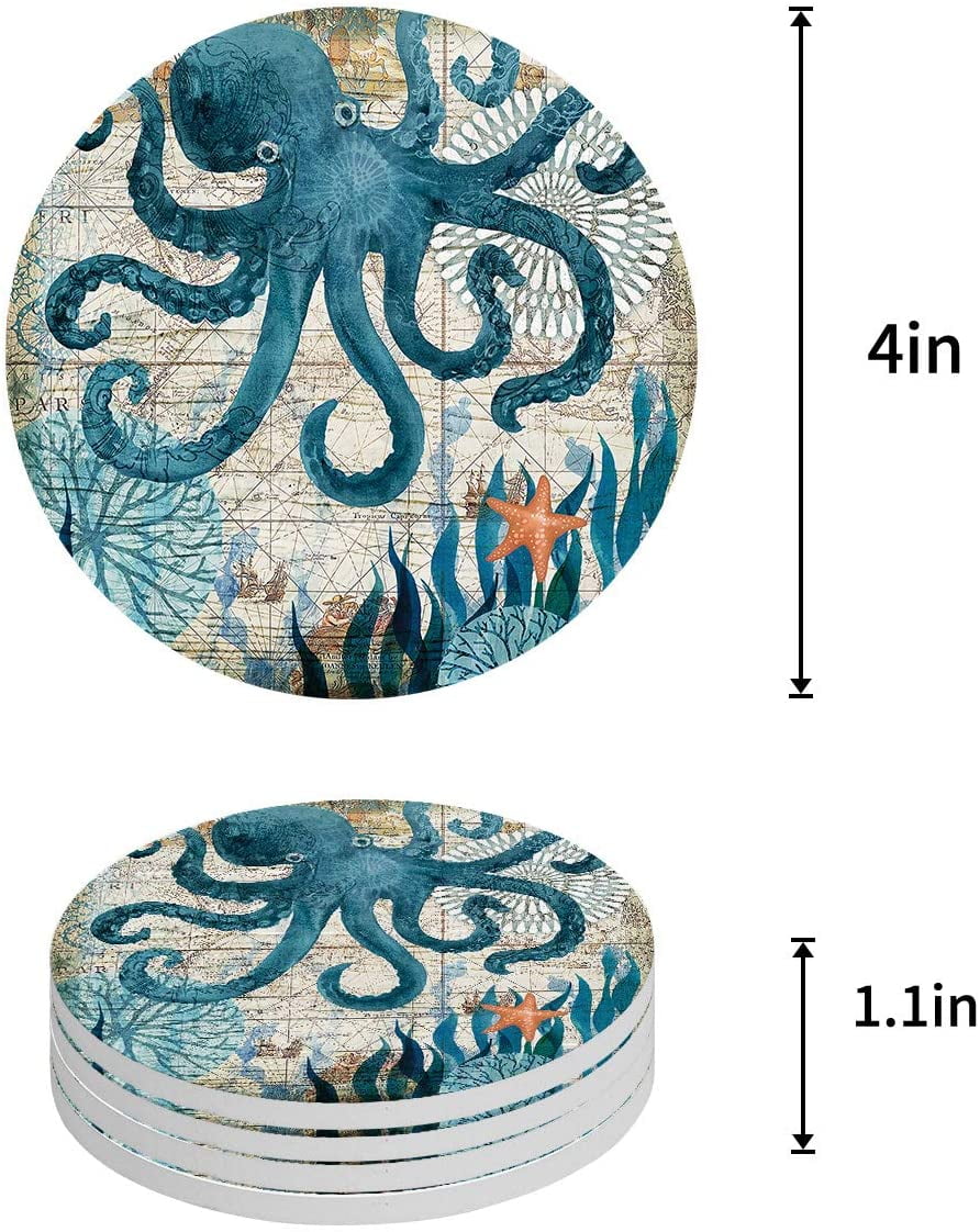 ZHANZZK Sea Theme Blue Octopus Coastal Navigation Map Set of 8 Round ...