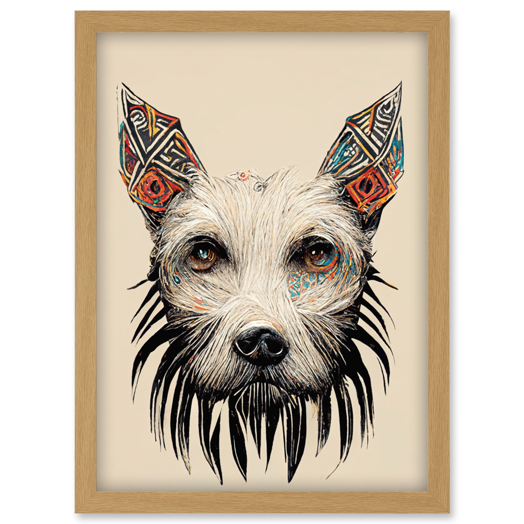 Boho Terrier Dog Face With Tribal Pattern Ears Artwork Framed Wall Art ...