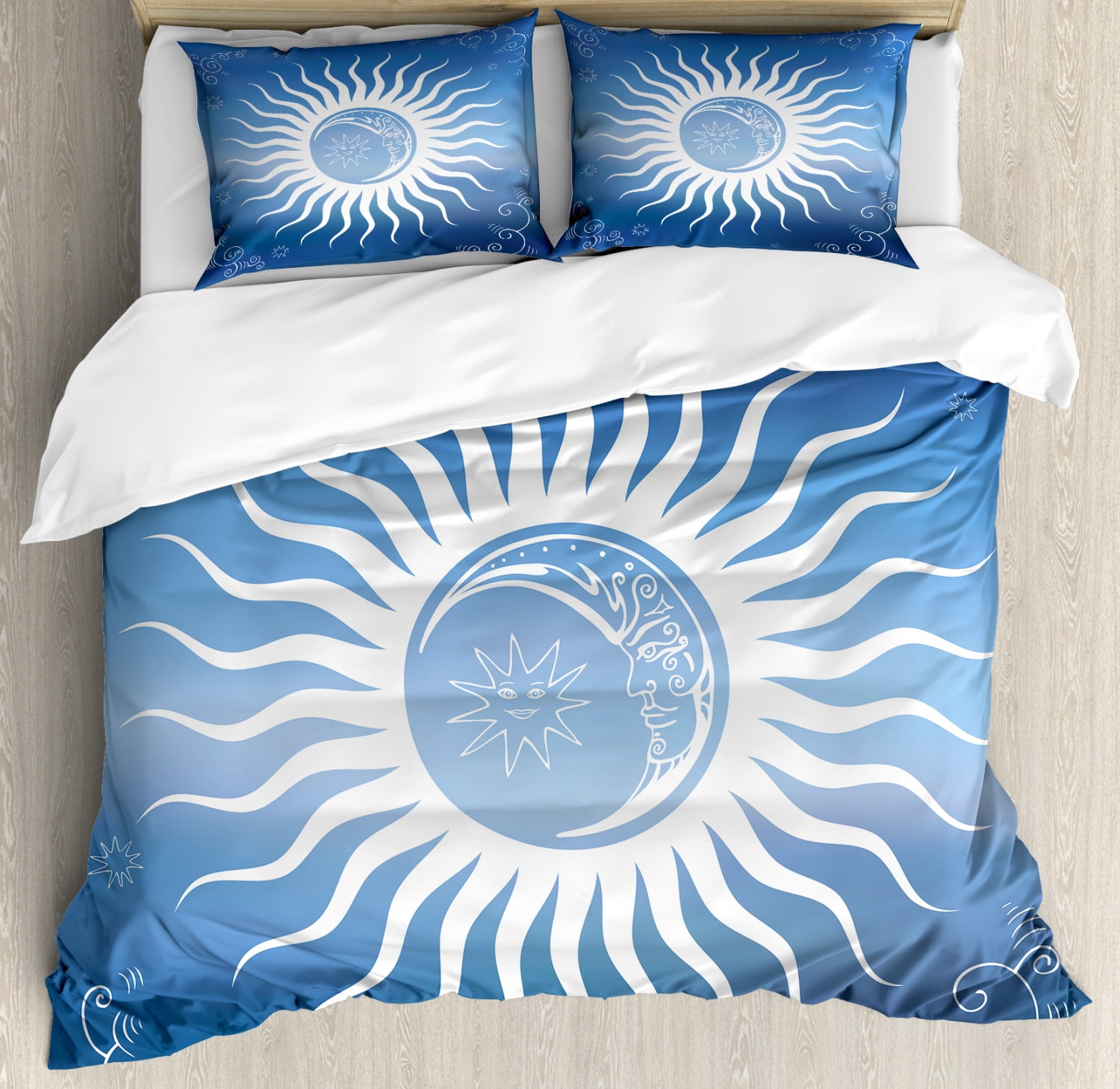 Sun Duvet Cover Set King Size, Crescent Moon and Sun Symbol with ...