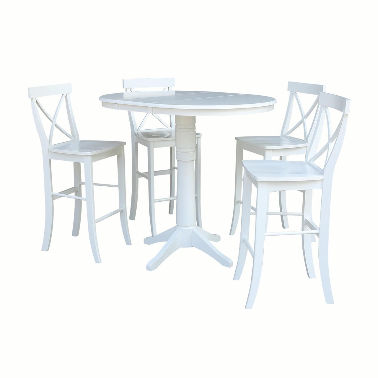 36" Round Bar Height Table with 12" Leaf and 4 X-back Stools – White ...