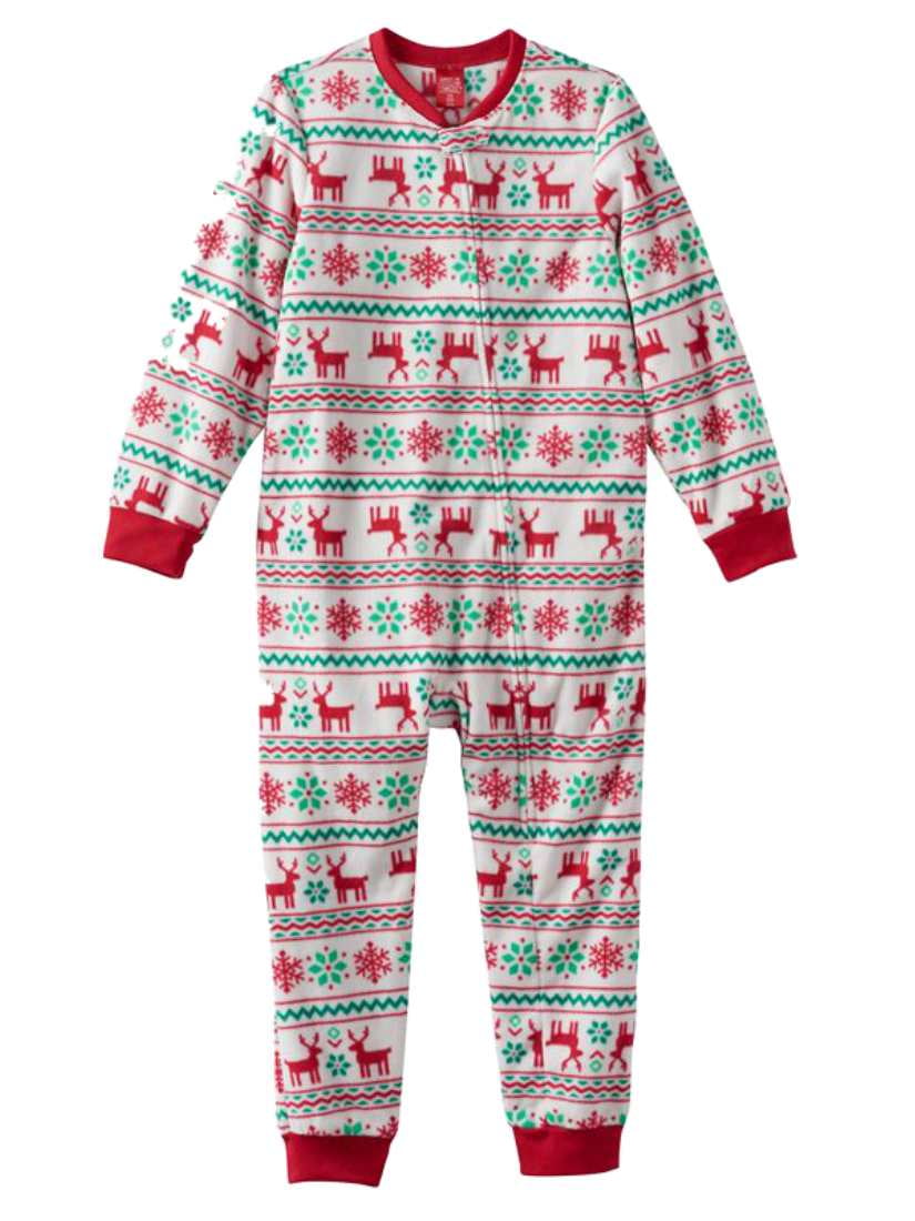 Girls Plush White Nordic Reindeer Print Sleeper Union Suit Holiday ...
