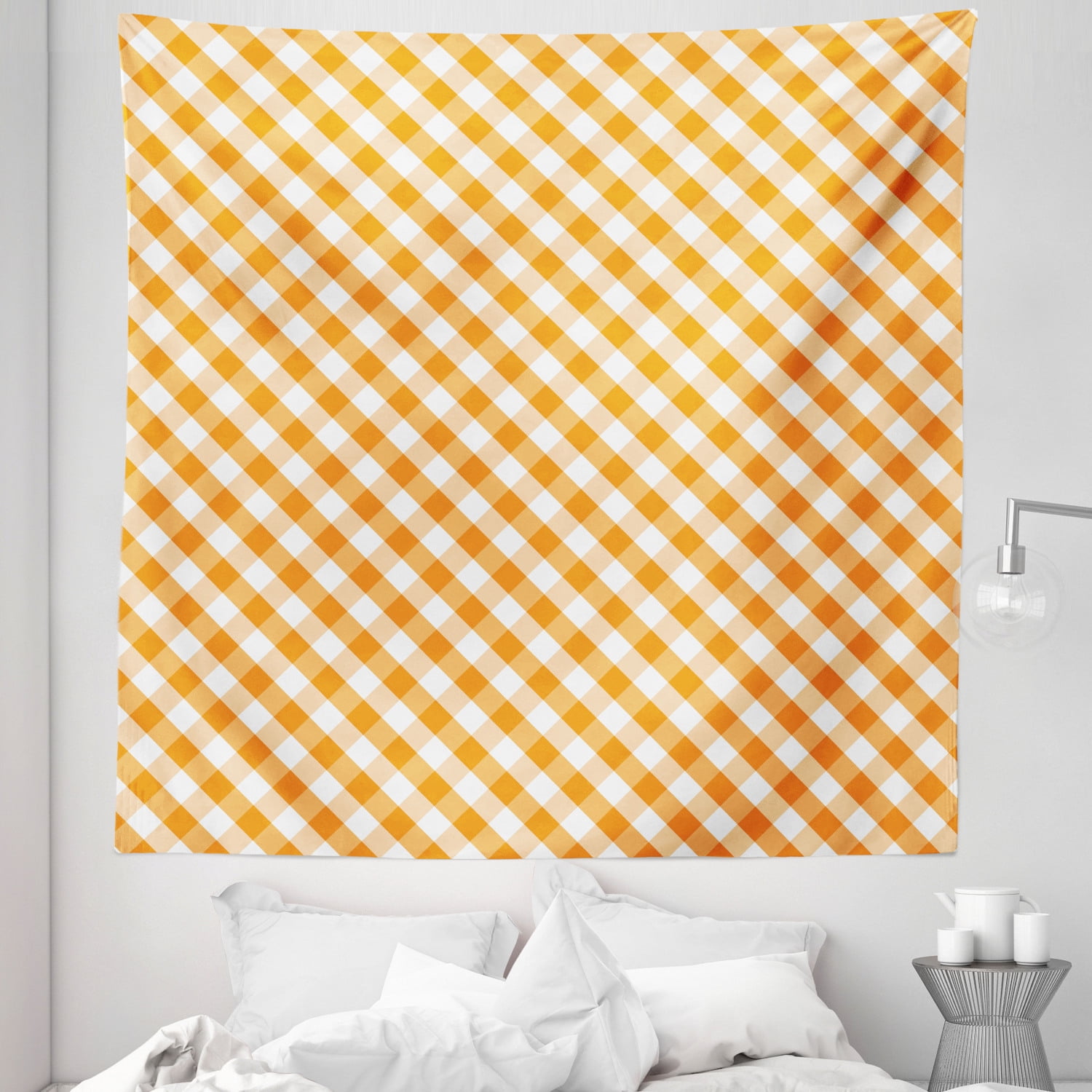 Checkered Tapestry, Diagonal Gingham Pattern in Orange and White Tones ...