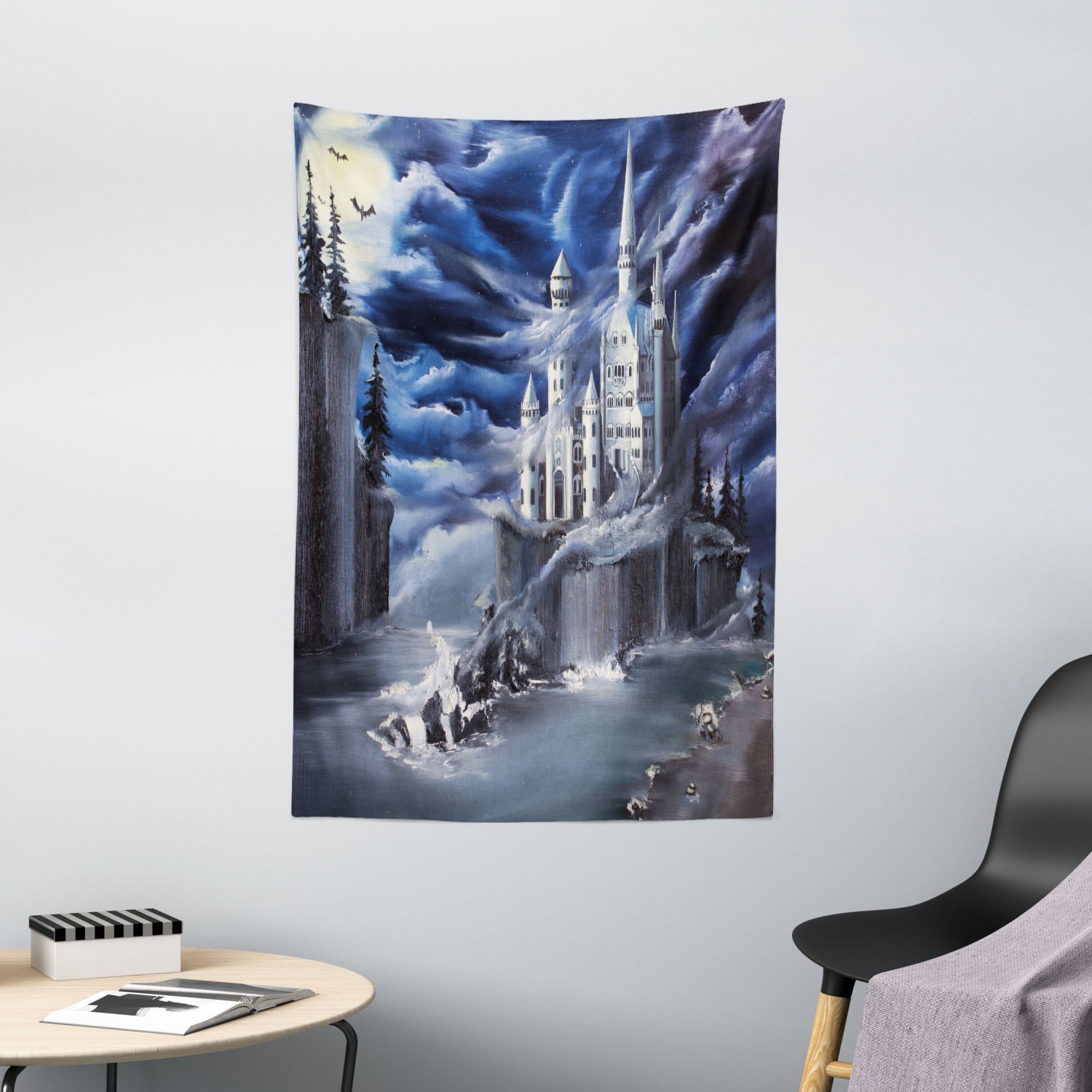 Fantasy Tapestry, Island with Ancient Castle Full Moon Cloudy Dramatic ...