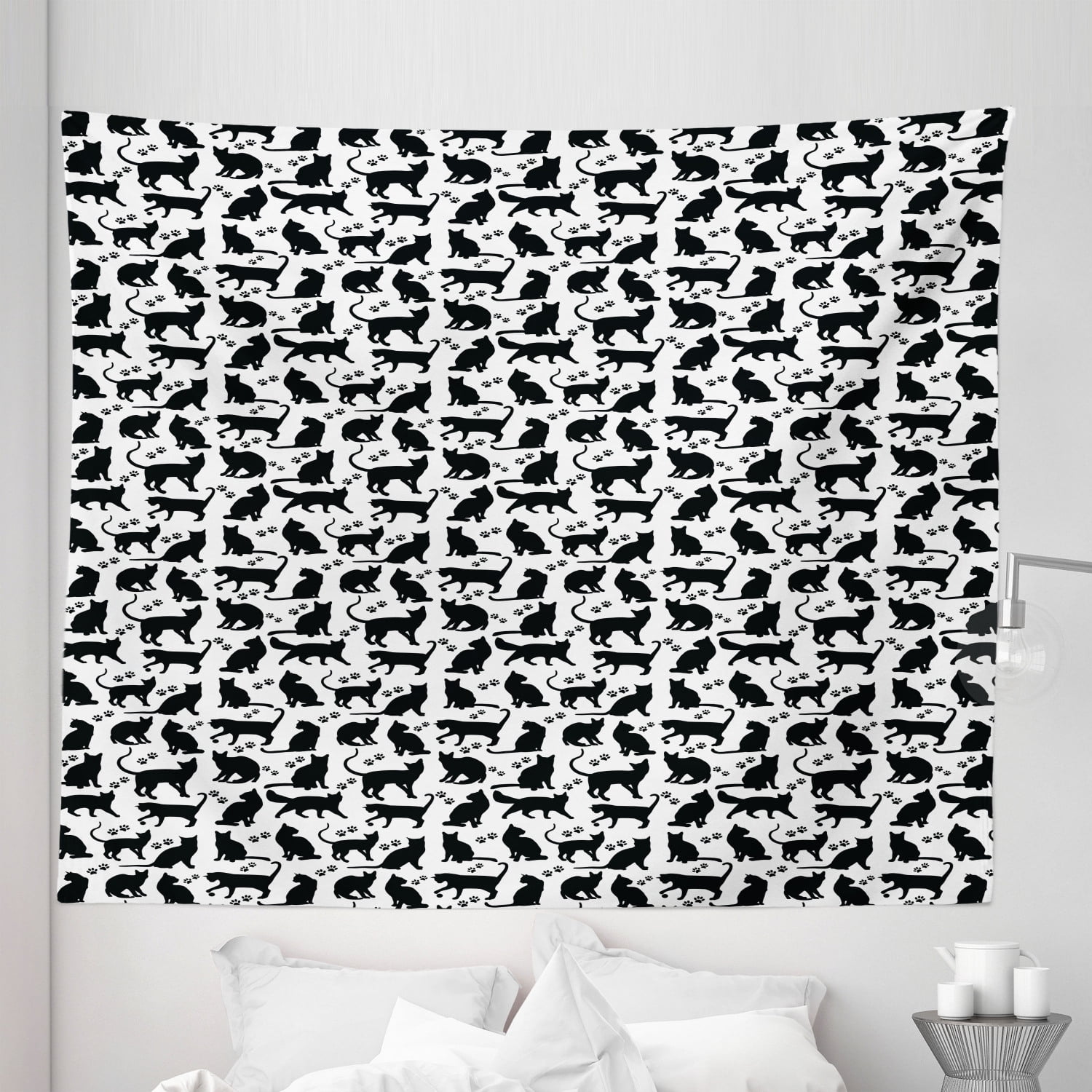 Cat Tapestry, Black Silhouettes in Different Positions Friendly Furry ...