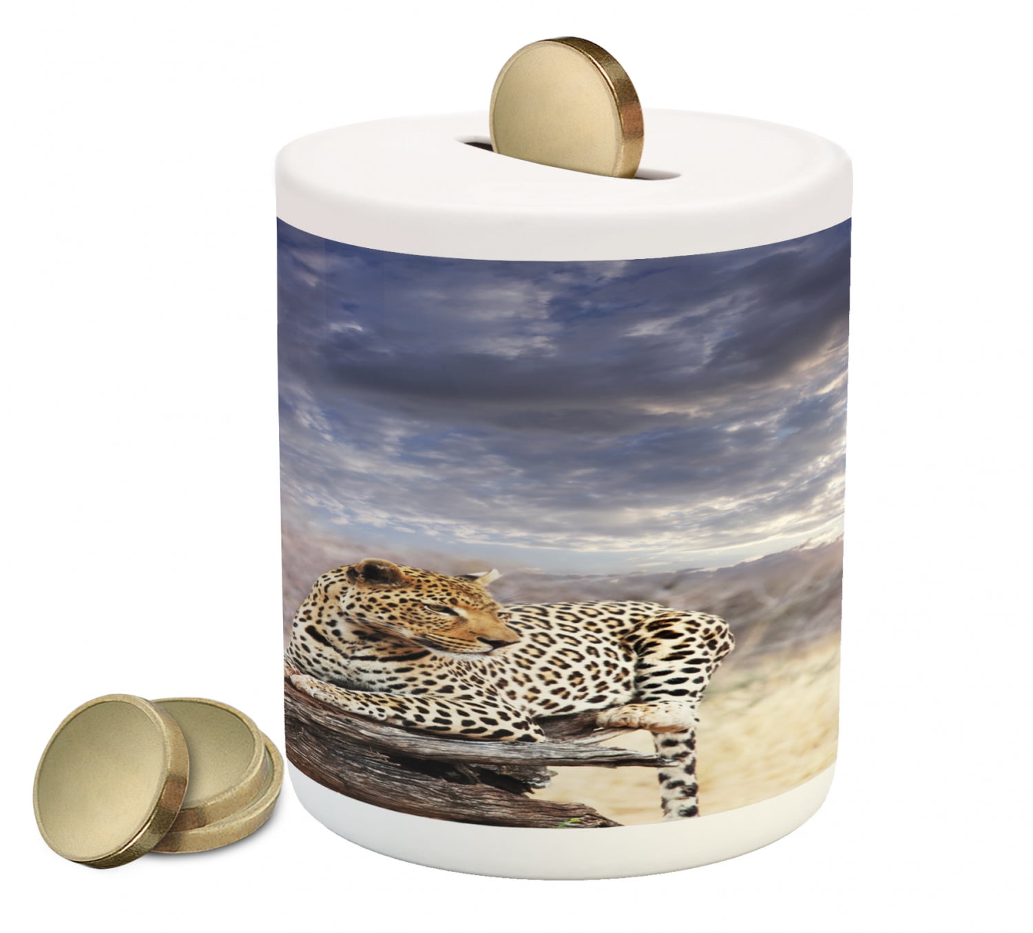Safari Piggy Bank, Leopard on Tree Trunk Under Last Sun Rays of the Day ...