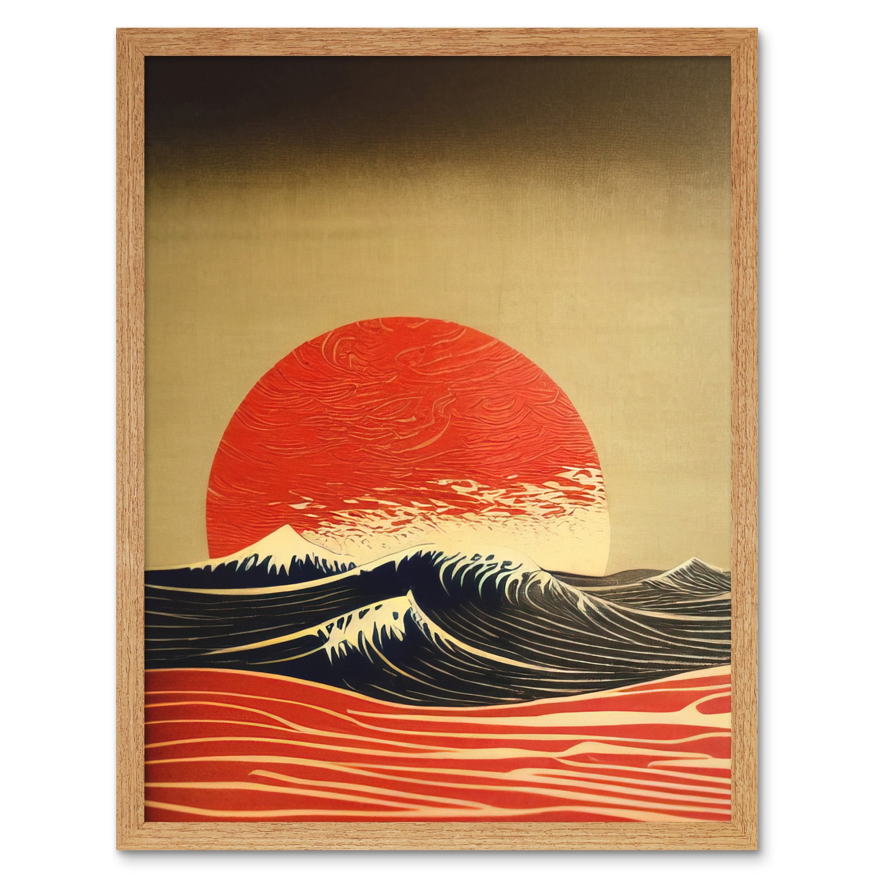 Modern Kanagawa Waves Red Sunset Linocut Art Print Framed Poster Wall ...