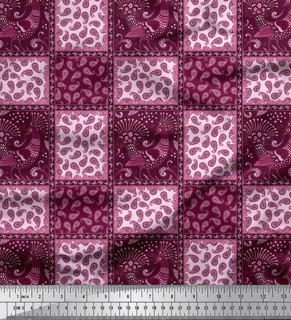Soimoi Velvet Fabric Peacock,Check & Paisley Patchwork Print Fabric by ...