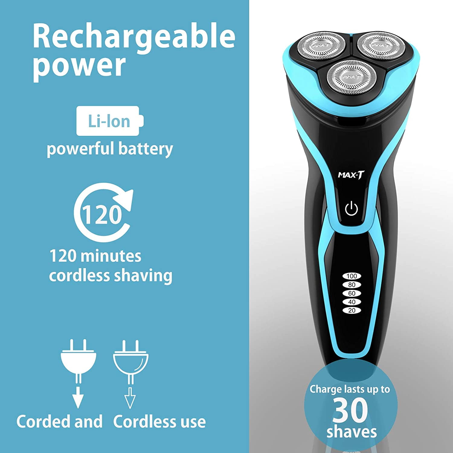 MAX-T Electric Shaver Razor Quick Charge Rotary Beard with Pop Up ...