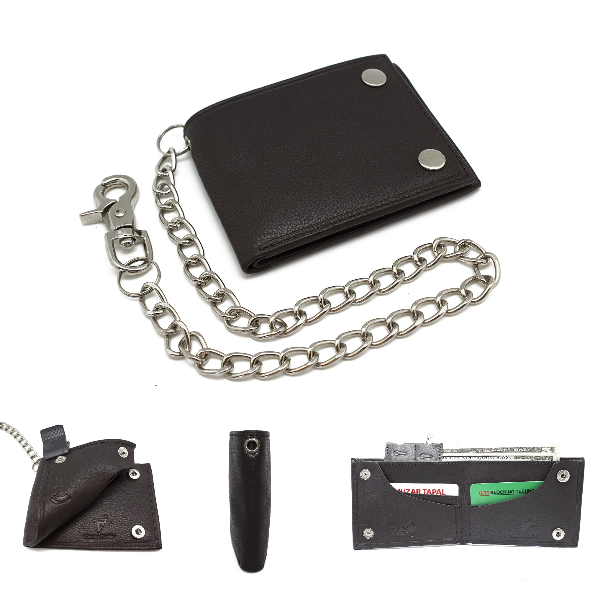 Chain Wallet for Men RFID safe Leather Brown Bifold Wallet for Biker ...